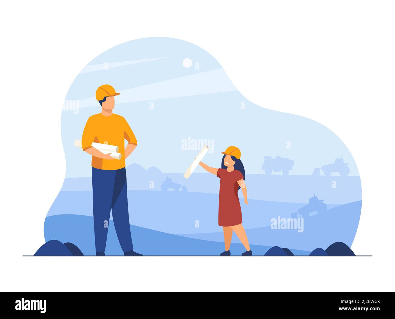 Male engineer working onsite with his kid. Helmet, father working with ...