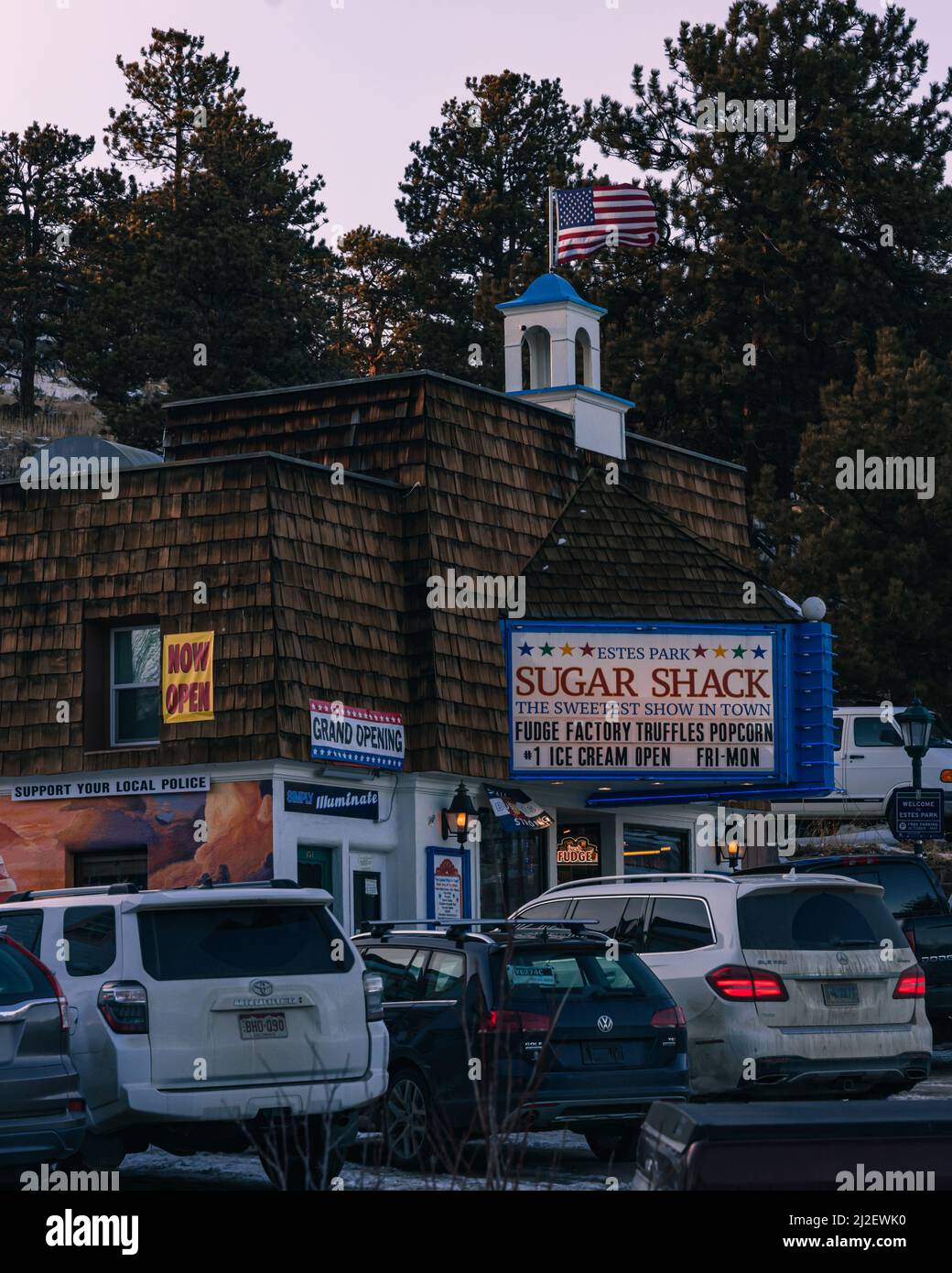 A vertical shot of the Sugar Shack Candy Store at Estes Park, Colorado ...