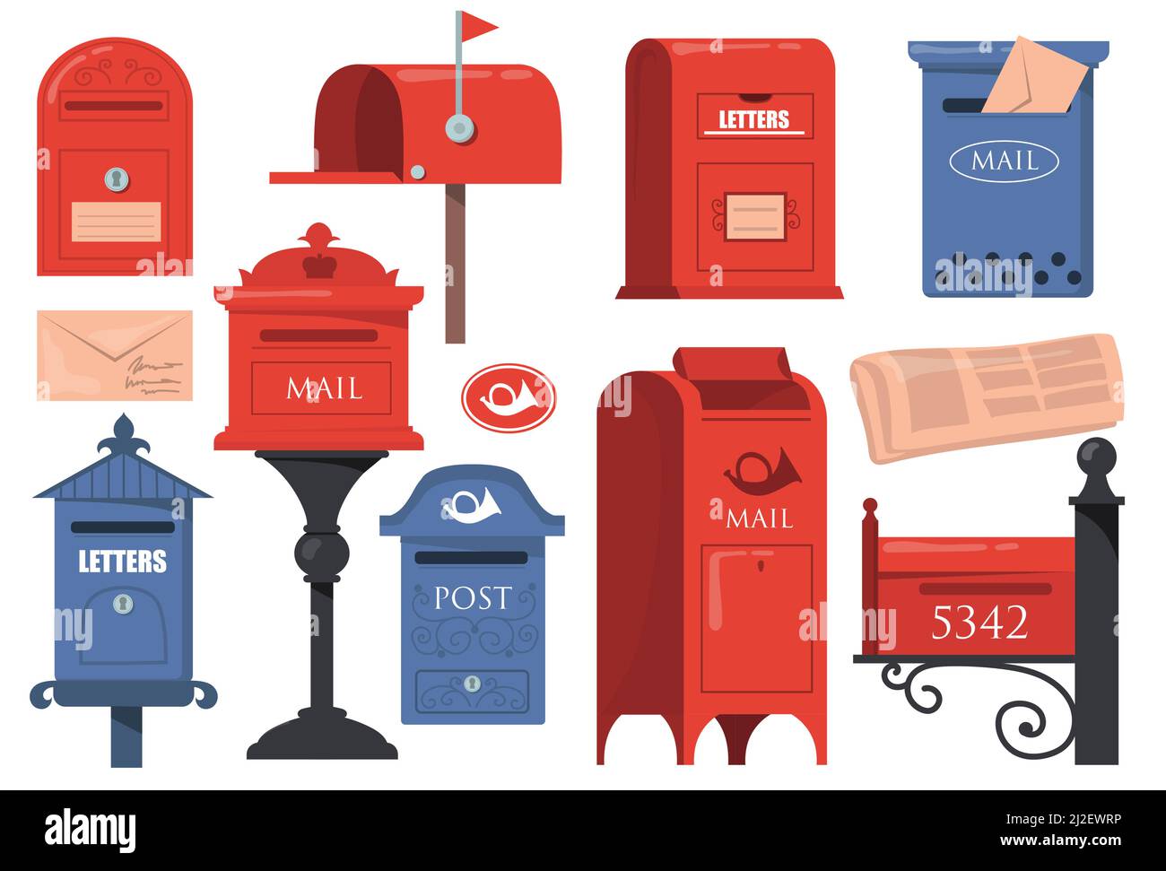 Traditional English letterboxes set. Red and blue vintage mailboxes ...