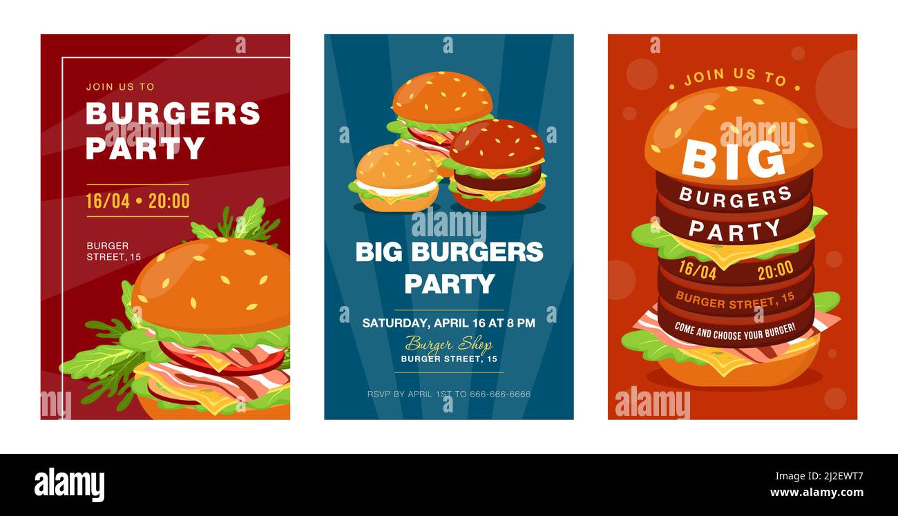 Trendy big burgers party invitation designs. Creative fast food ...