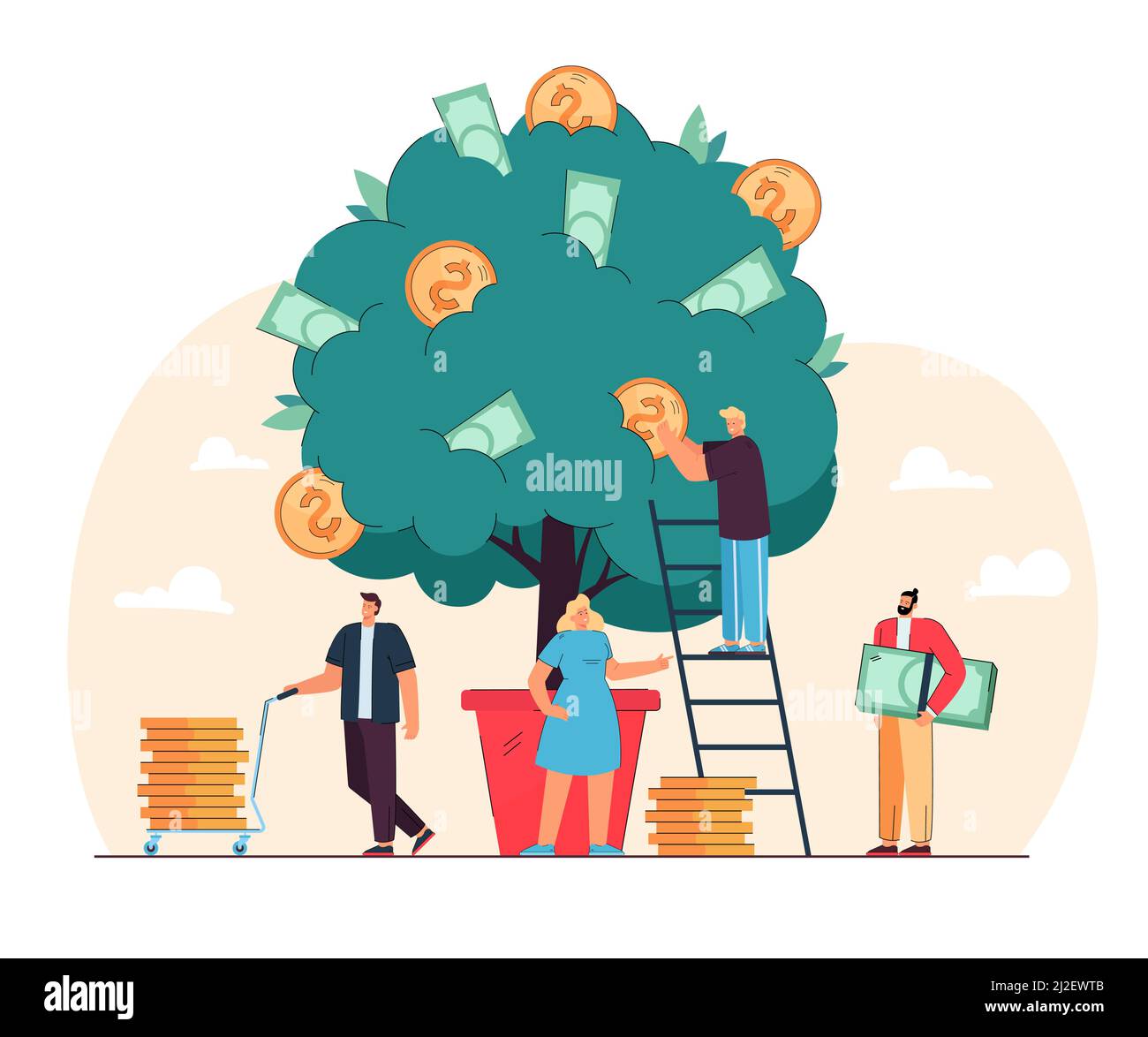 Happy tiny people growing money tree isolated flat vector illustration ...