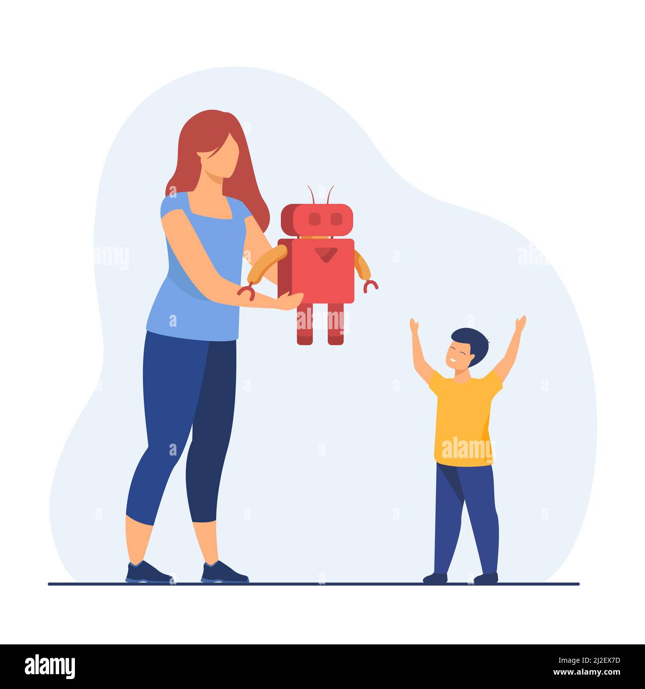 Mom giving robot to happy kid. Gift, present, toy. Flat vector ...