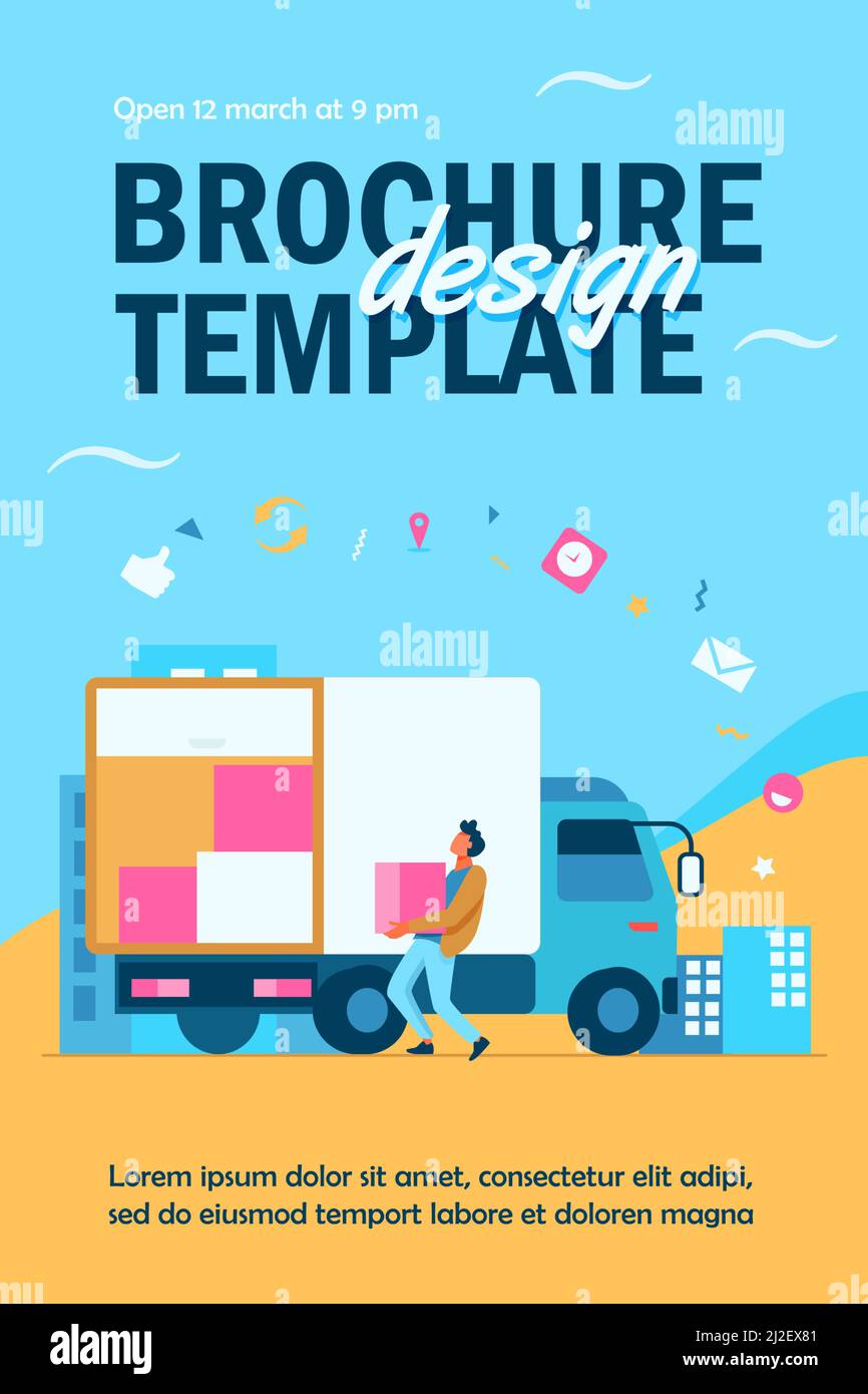 Loading workman carrying box in truck. Parcel, logistics, cardboard ...