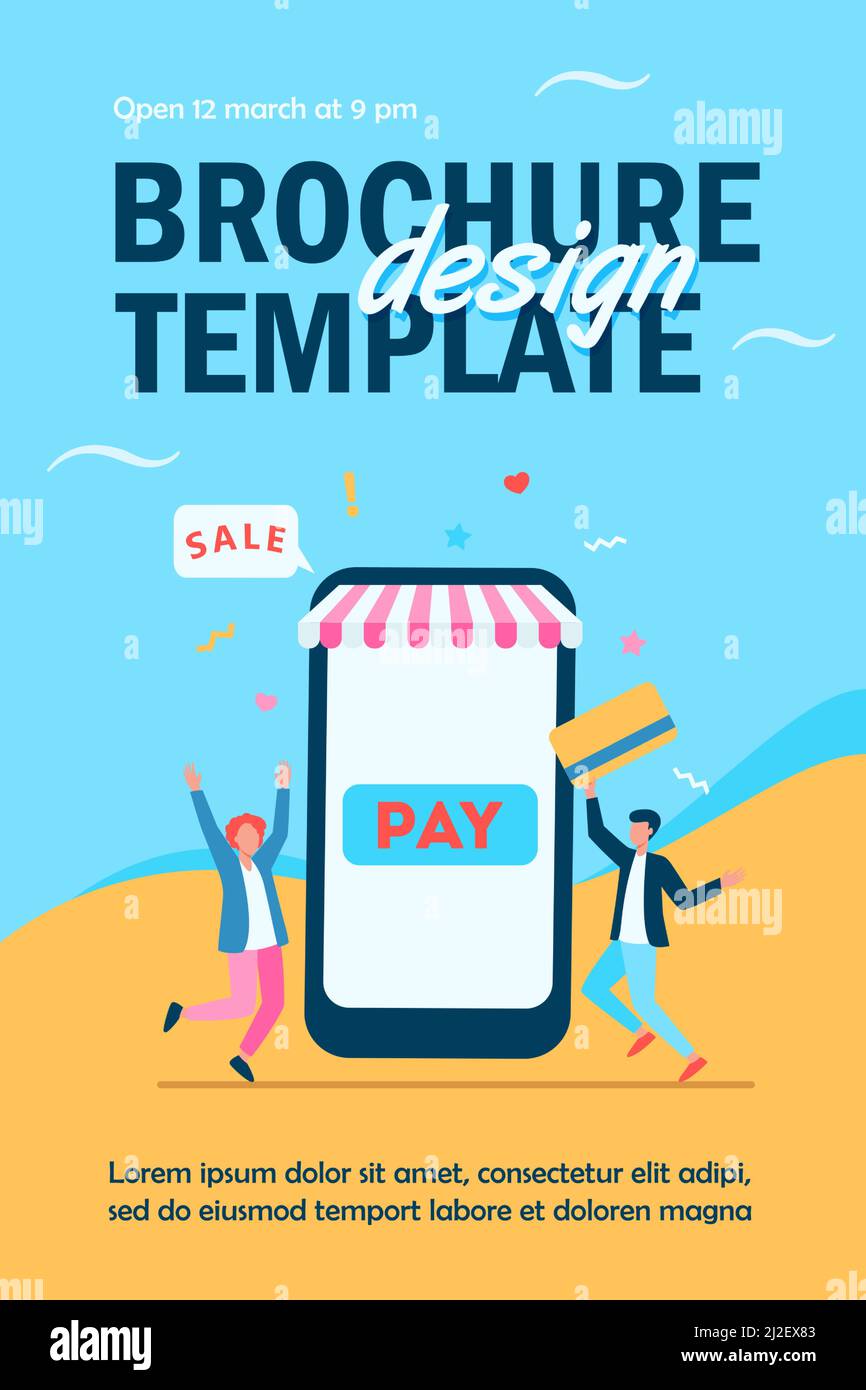 Tiny young guys paying with plastic card via mobile app. Smartphone ...