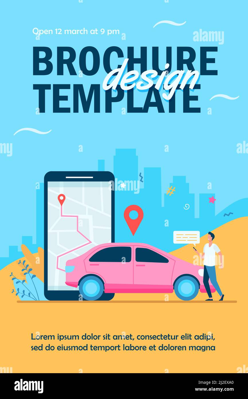 Man with map on smartphone renting car. Driver using car sharing app on ...