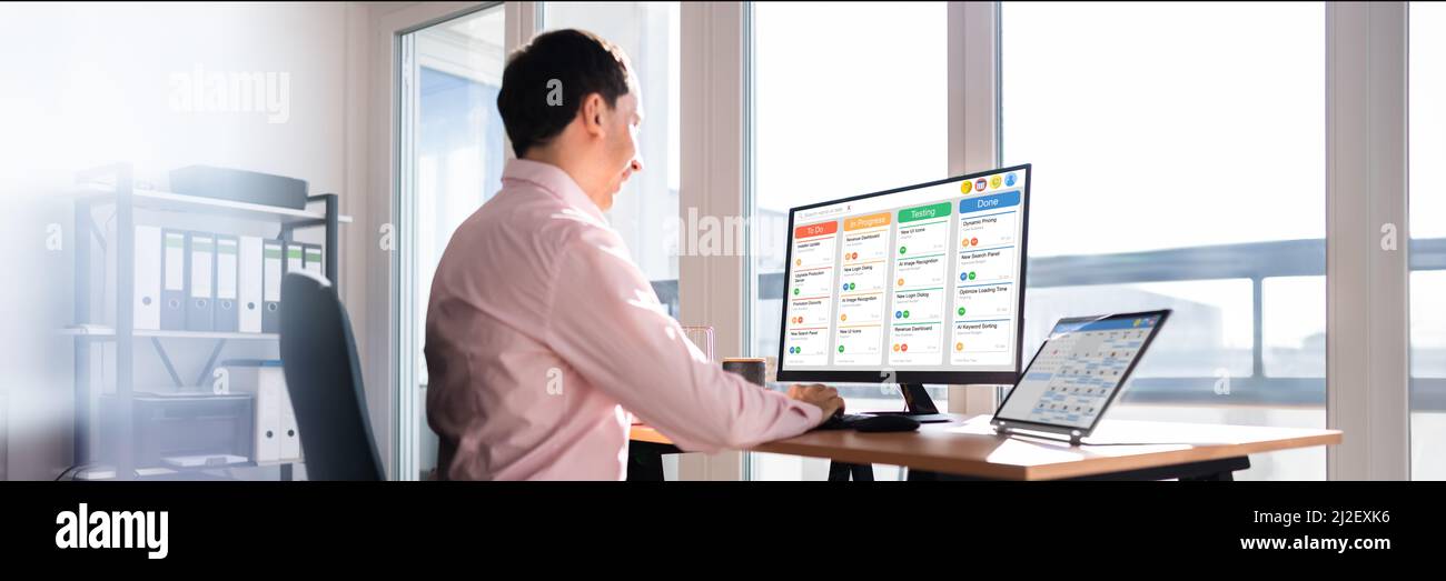 Scrum Manager Agile Software Project On Desktop Computer Stock Photo ...