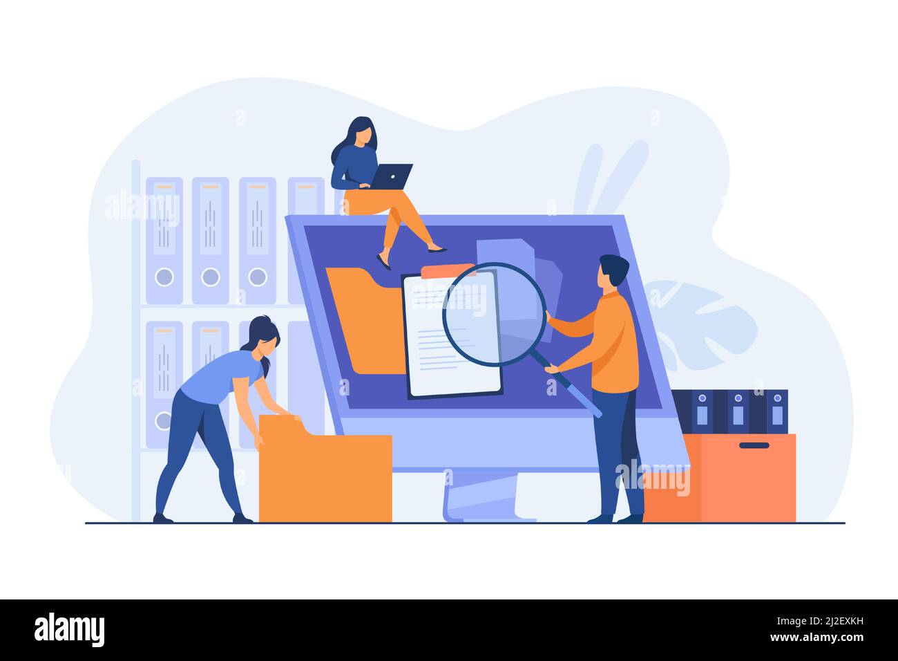 Office workers organizing data storage and file archive on server or ...