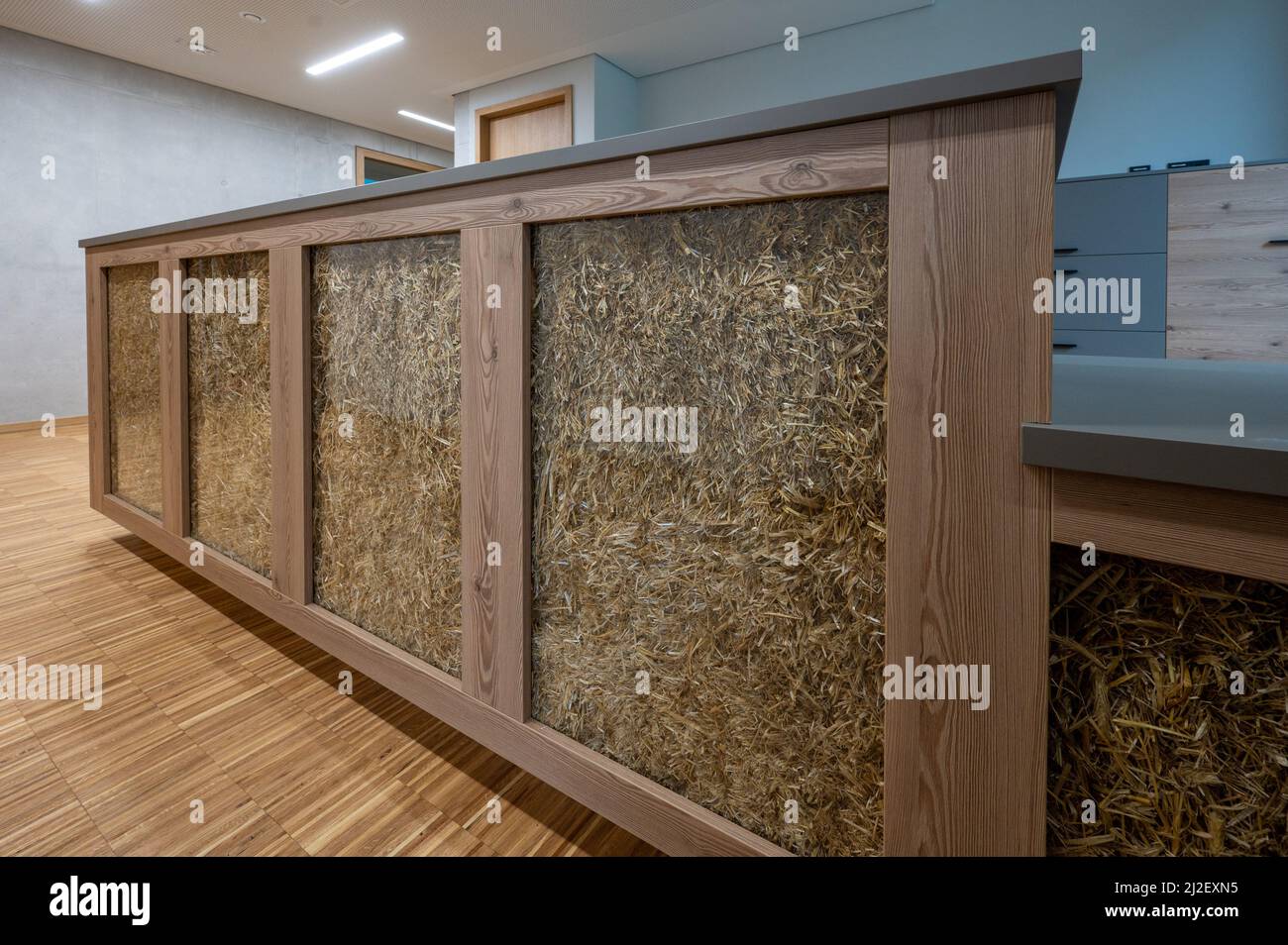 01 April 2022, Bavaria, Berching: A counter with straw in the St ...