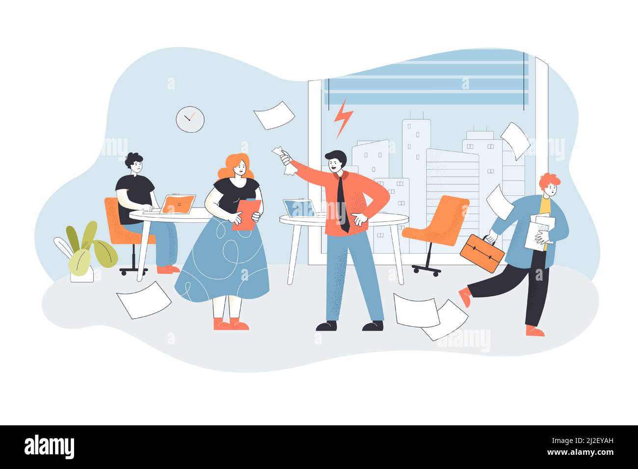 Angry boss shouting at workers in office. Flat vector illustration ...