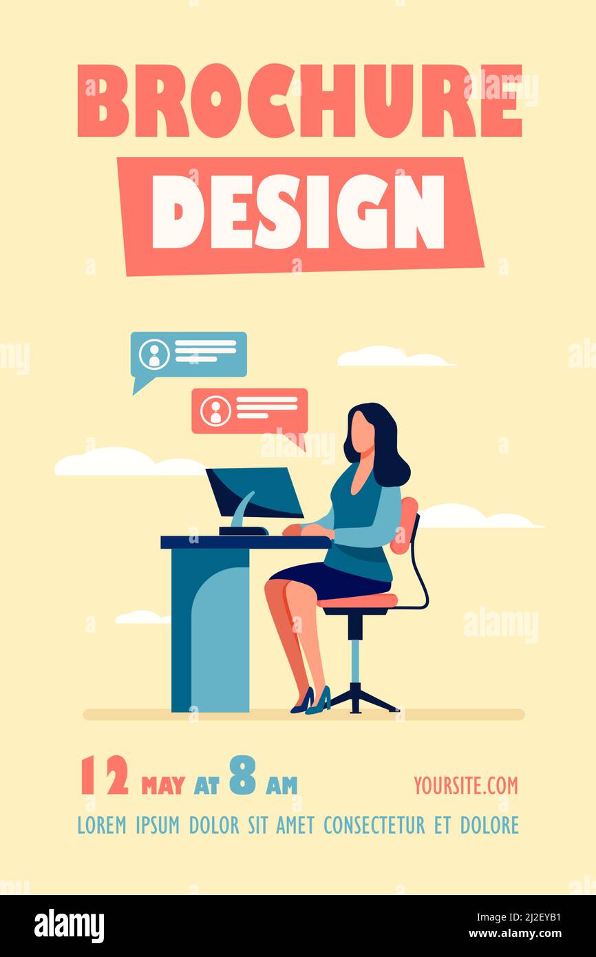 Woman working, typing and sending messages. Work, table, computer flat ...