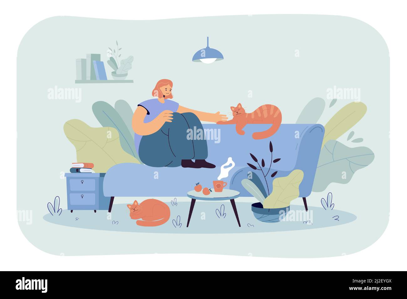 Positive lady sitting on cozy sofa with cats flat vector illustration ...