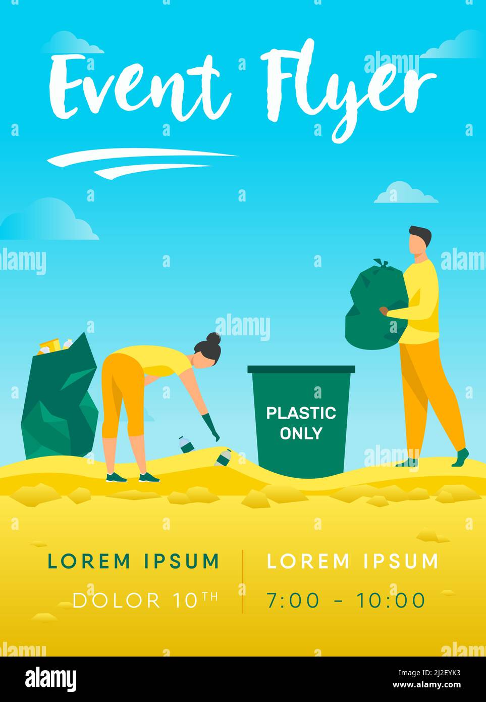 Young people cleaning beach from garbage. Activist, eco, plastic flat ...