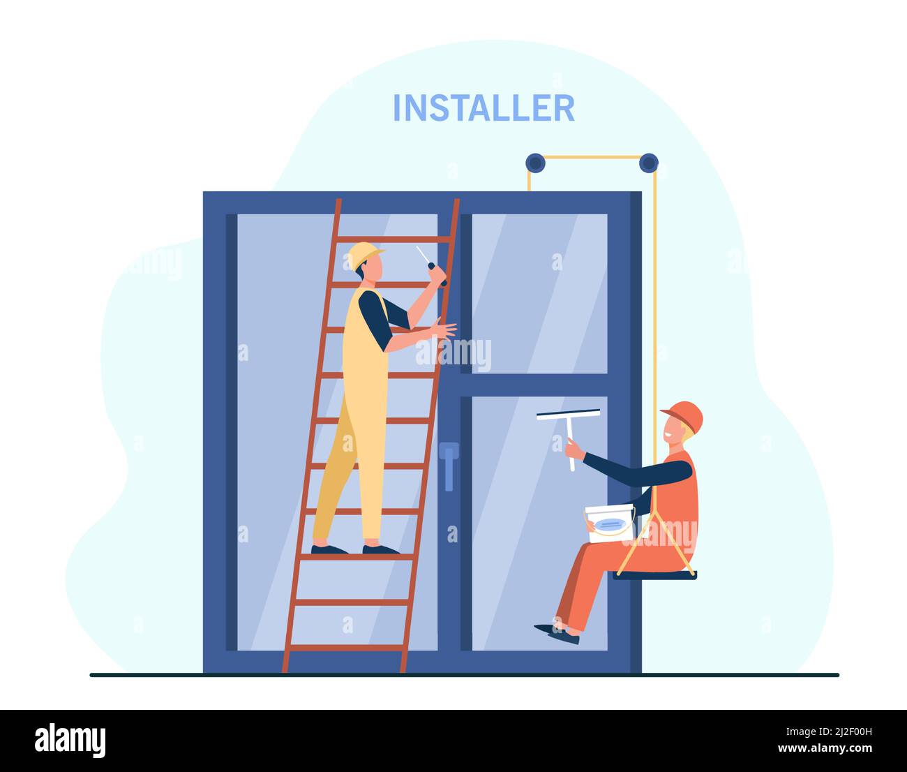 Professional workers installing window. Ladder, installer, glass flat ...