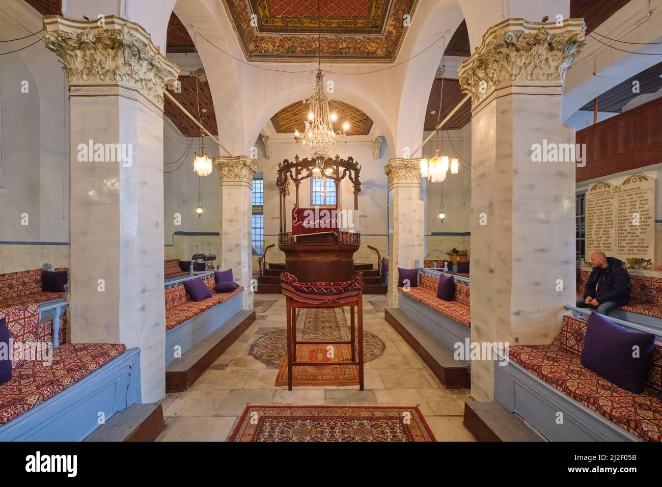 Interior with benches and the wood, circular, round bima. At the Shalom ...
