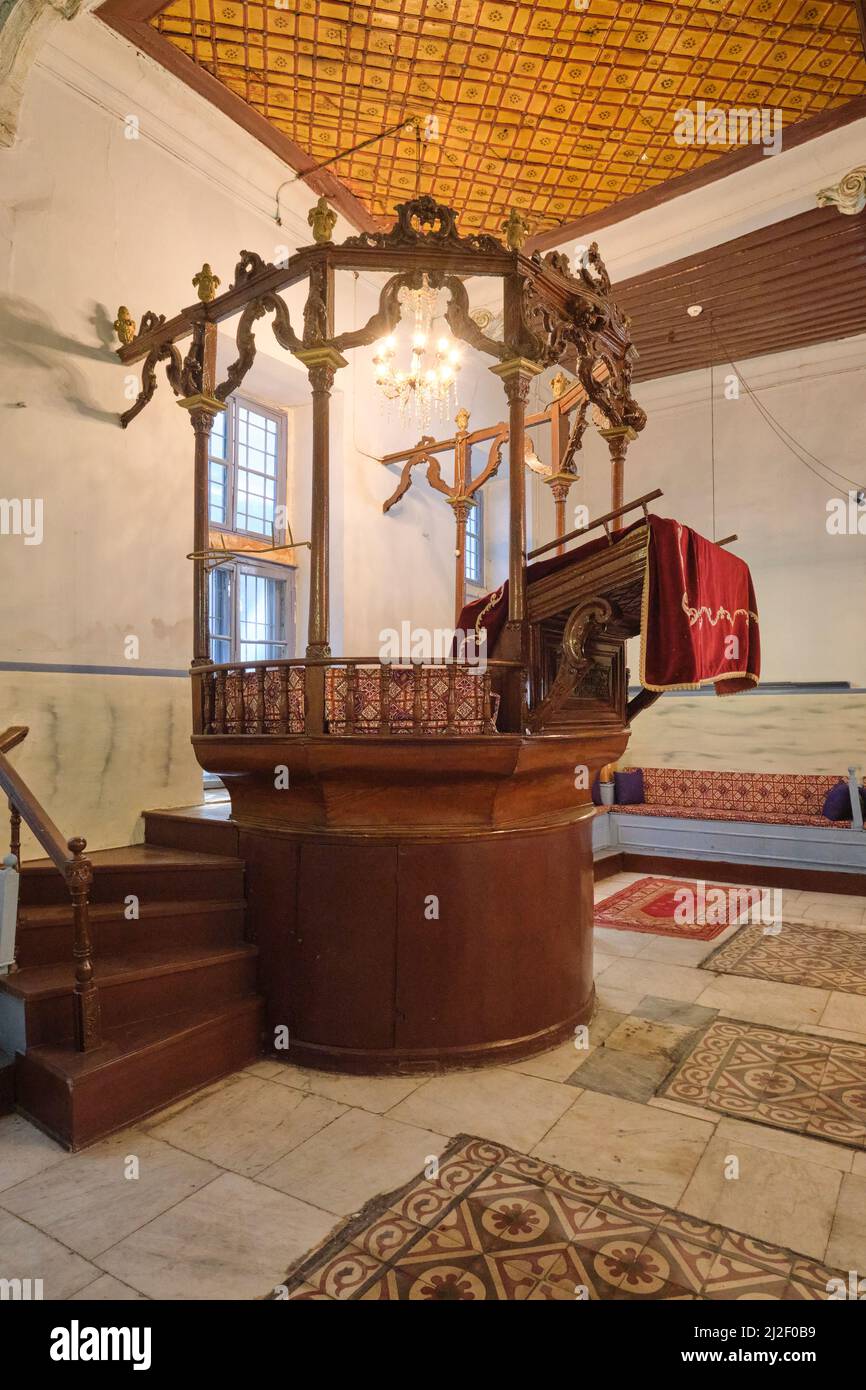 Interior with benches and the wood, circular, round bima. At the Shalom ...