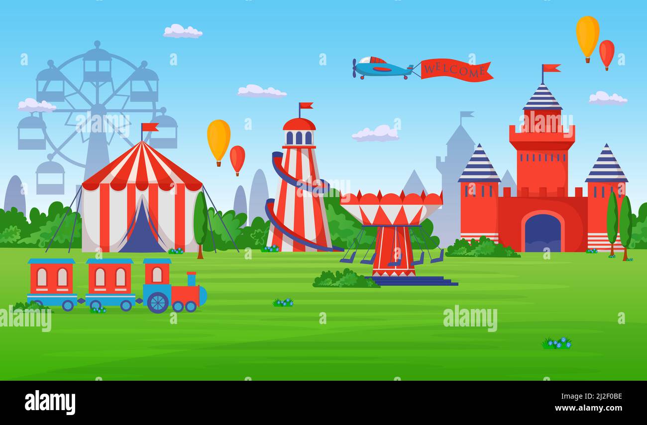 Amusement and entertainment park. Flat vector illustration ...