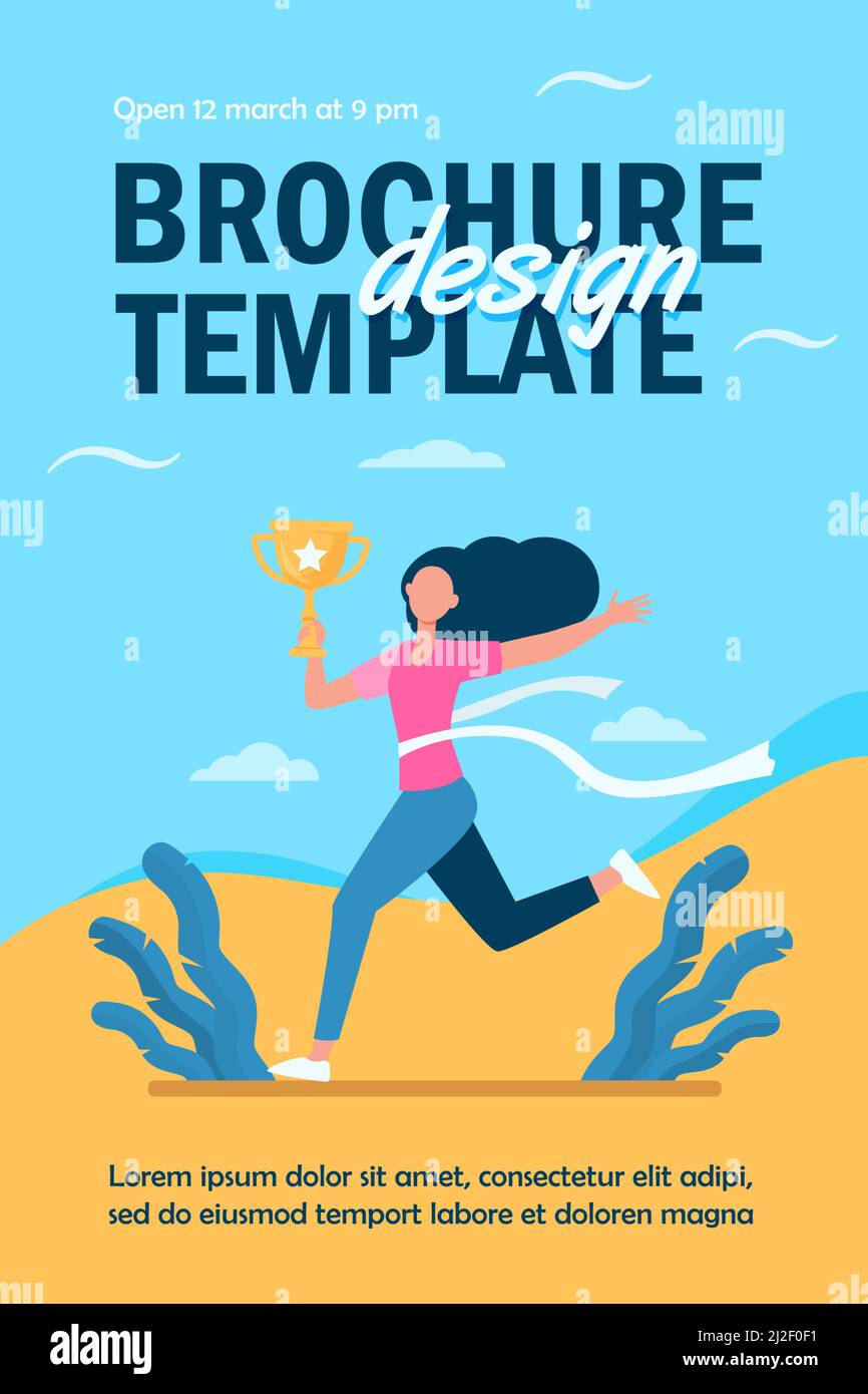 Running woman winning racing. Marathon leader holding cup, crossing ...