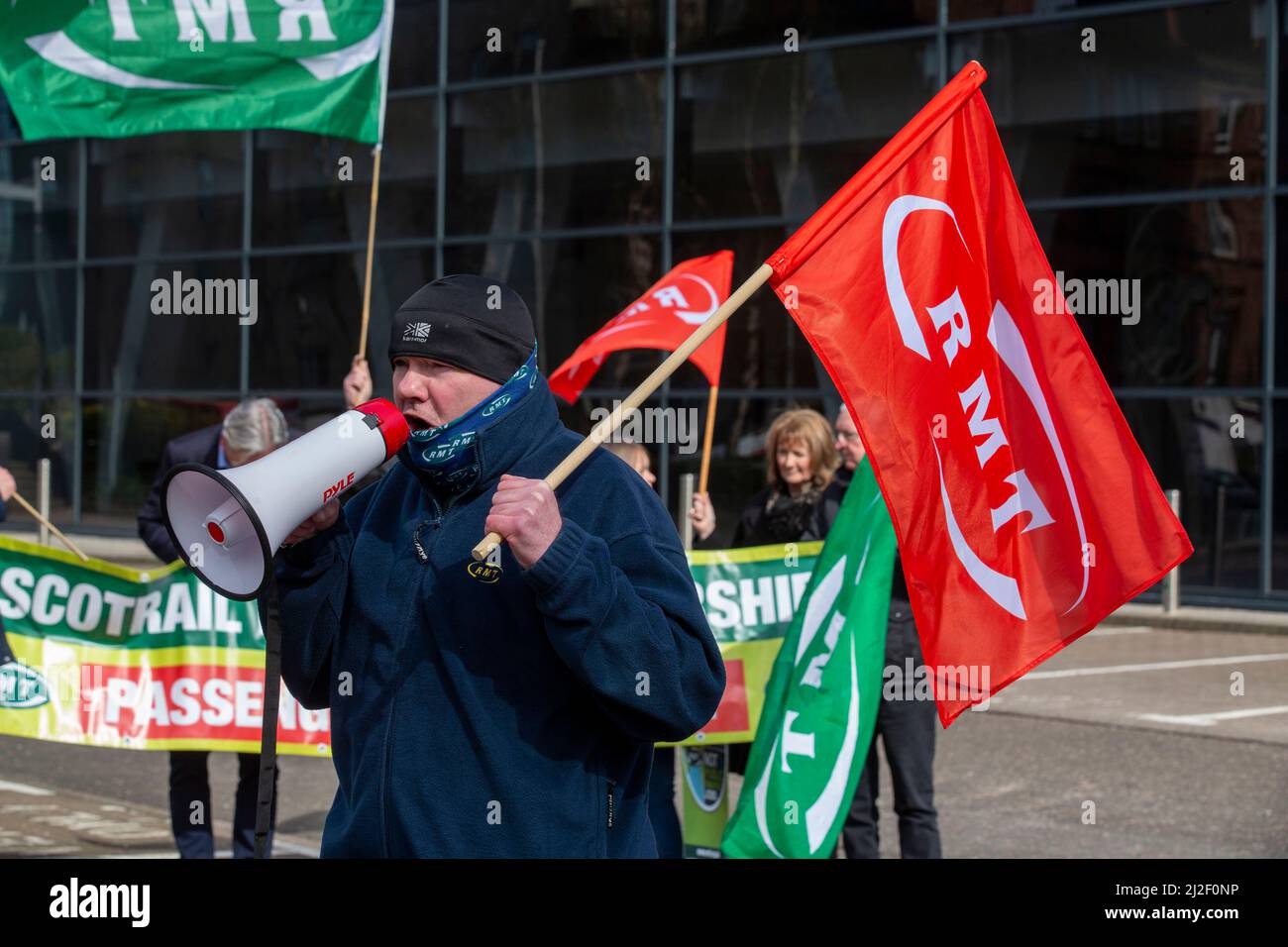 RMT Regional Organiser Mick Hogg, speaks outside Glasgow Queen Street ...