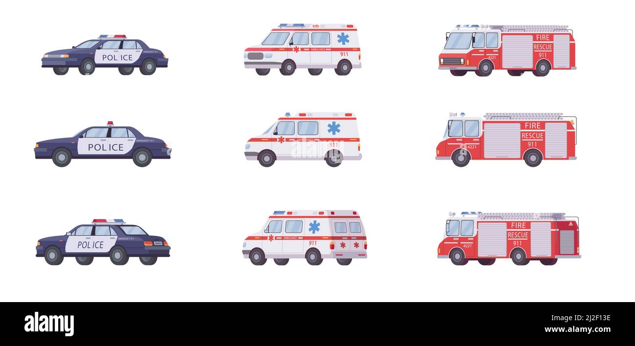 911 emergency vehicles set. Police cars, ambulance vans, fire fighters ...