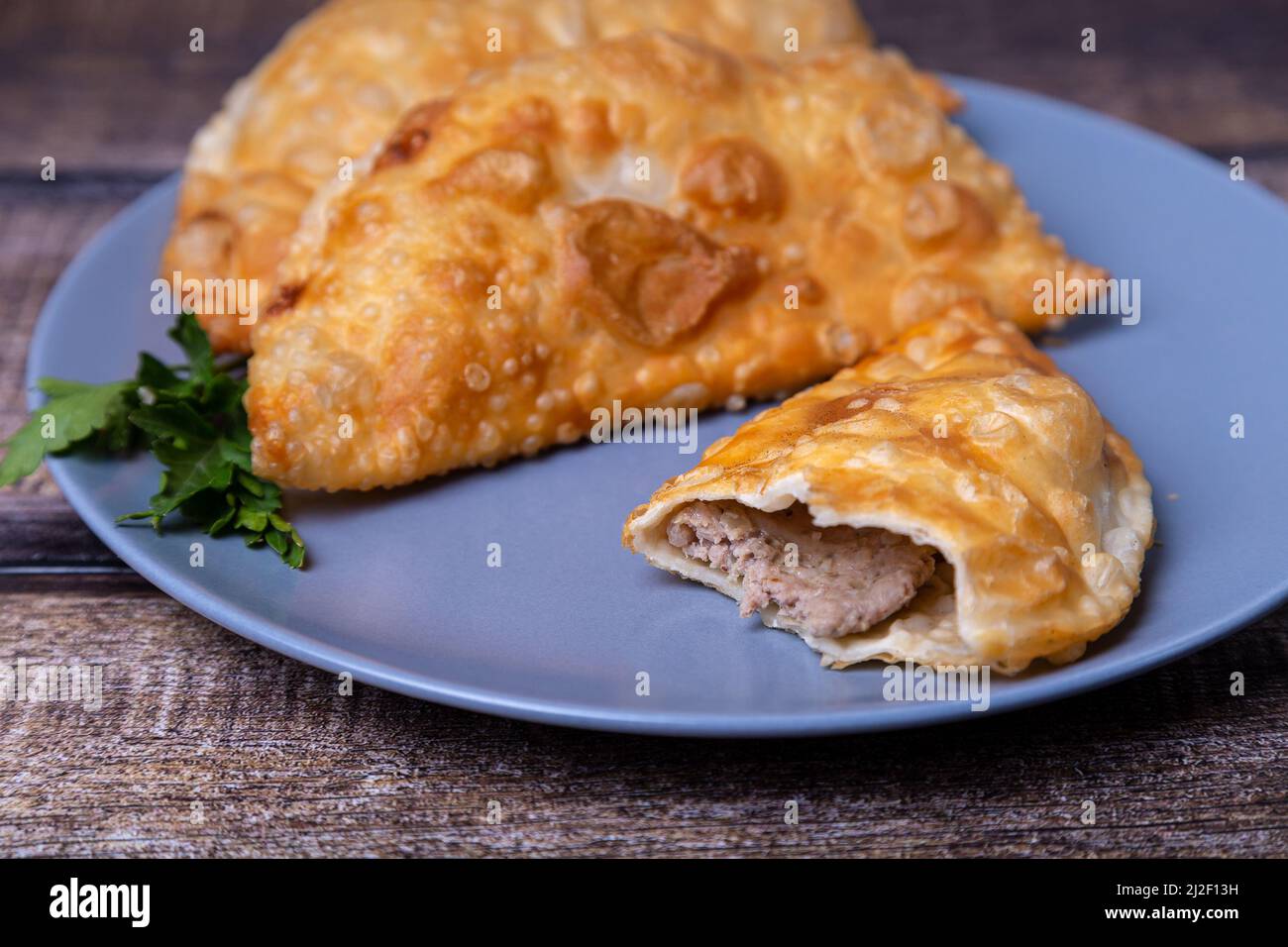 Chebureks with meat. Deep-fried flat pie. A traditional dish. Close-up ...