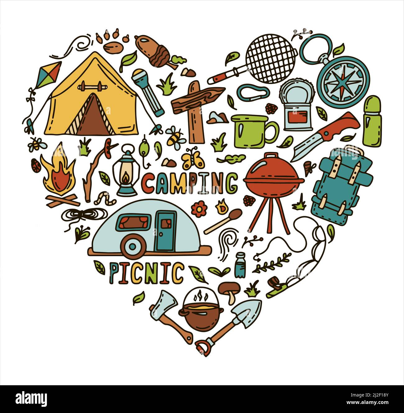 Big Doodle vector camping set. Sketch hiking Icons.Hand draw ...