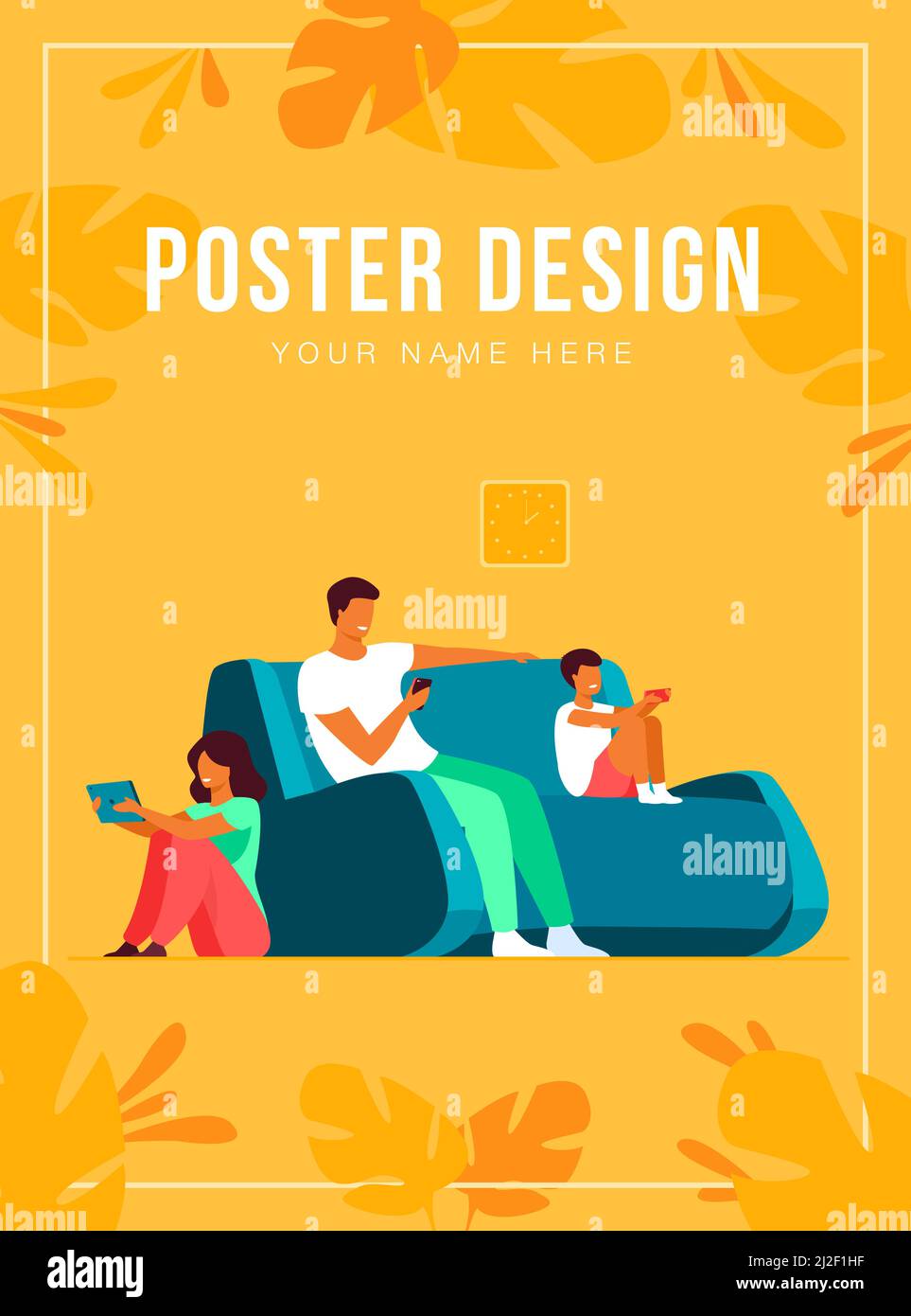 Cartoon family sitting at home with gadgets isolated flat vector ...
