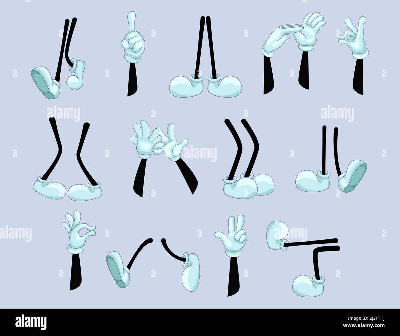 Set of funny arms and legs. Cartoon wrists in white gloves with various ...