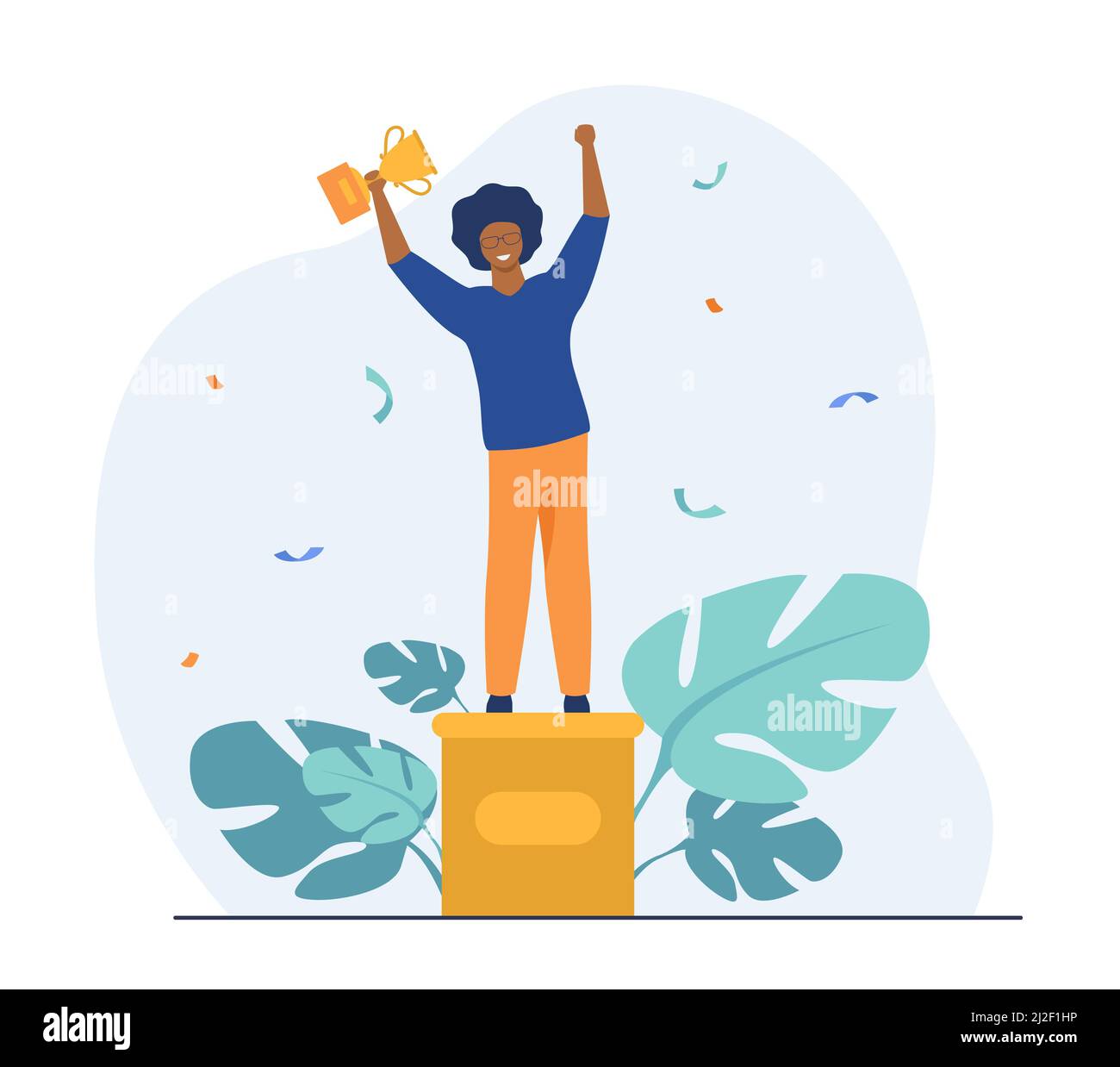 Smart guy getting award. Winner standing on pedestal, holding golden ...