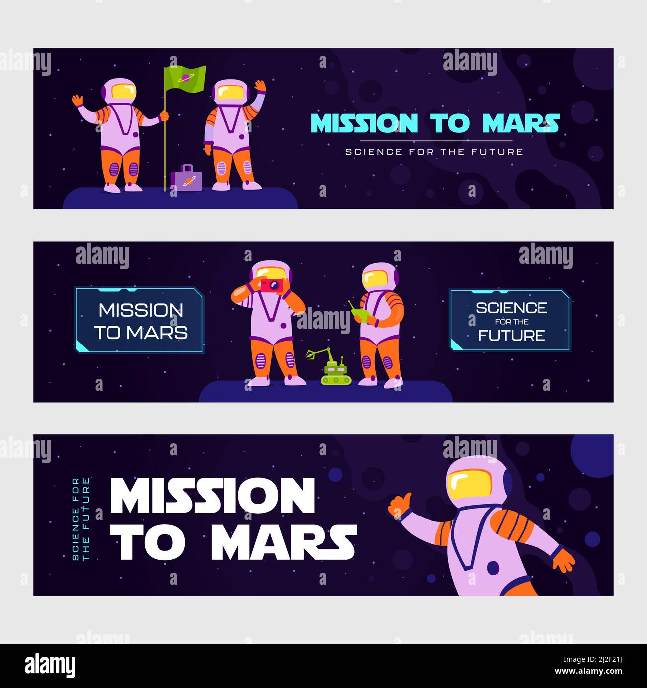 Stylish banner designs for Mars mission. Vivid brochures with astronaut ...
