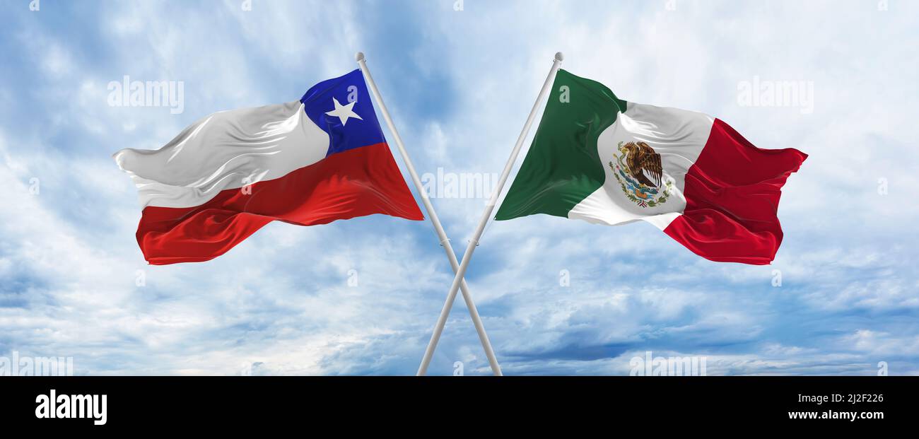 crossed national flags of Chile and Mexico flag waving in wind at ...