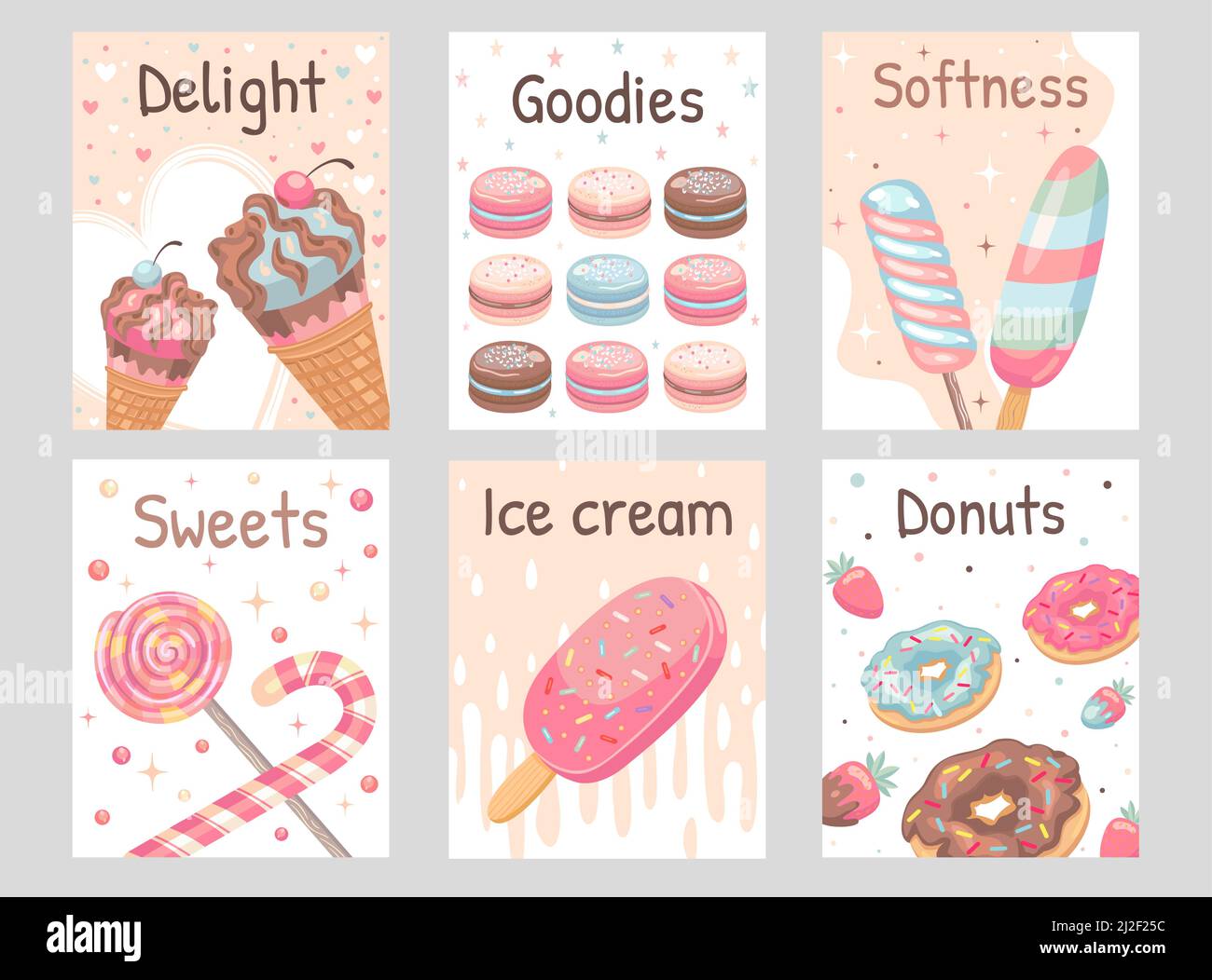 Sweets flyers set. Lollypops, donuts, ice cream, macaroons vector ...