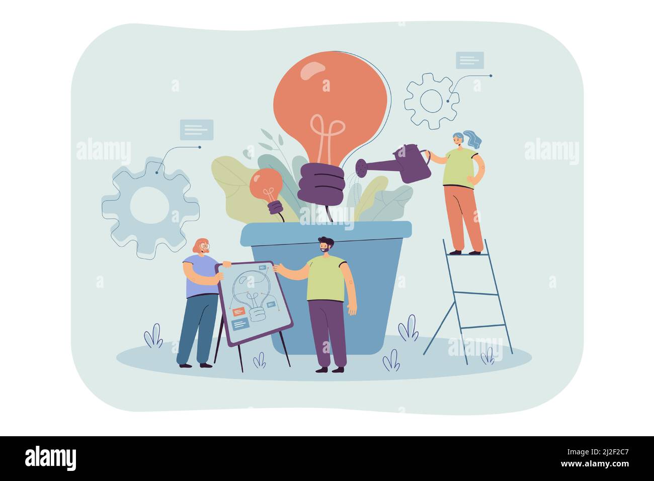 Team growing lightbulb plant. Business people creating ideas for ...
