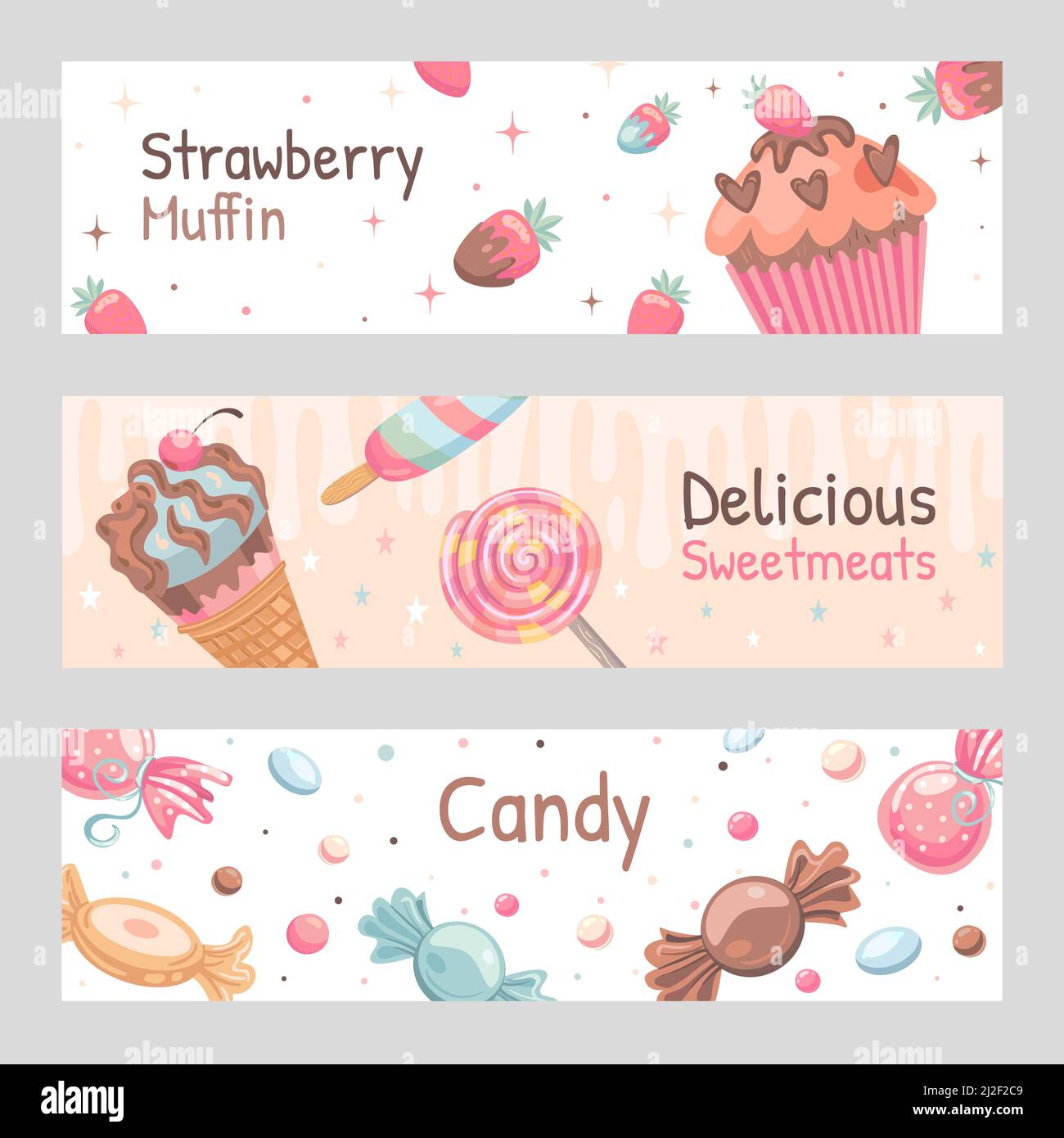Sweets banners set. Candies, ice cream, strawberry muffin vector ...