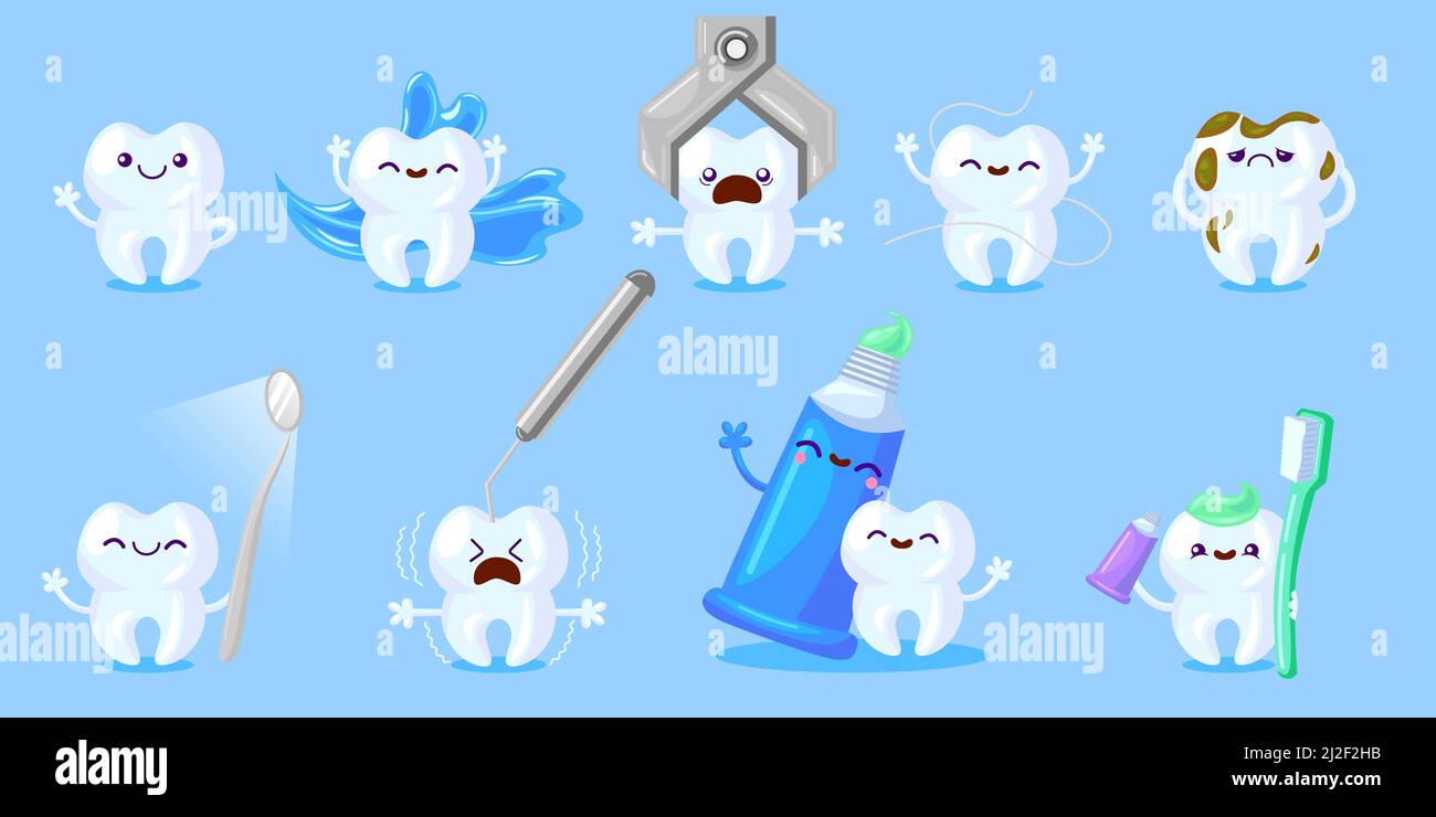 Cartoon tooth care set. Happy funny tooth with toothbrush, paste, floss ...