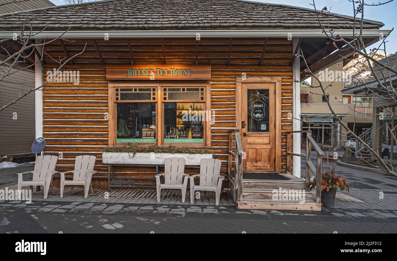 Banff, Alberta, Canada – March 30, 2022: Exterior view of “Jolene’s Tea ...