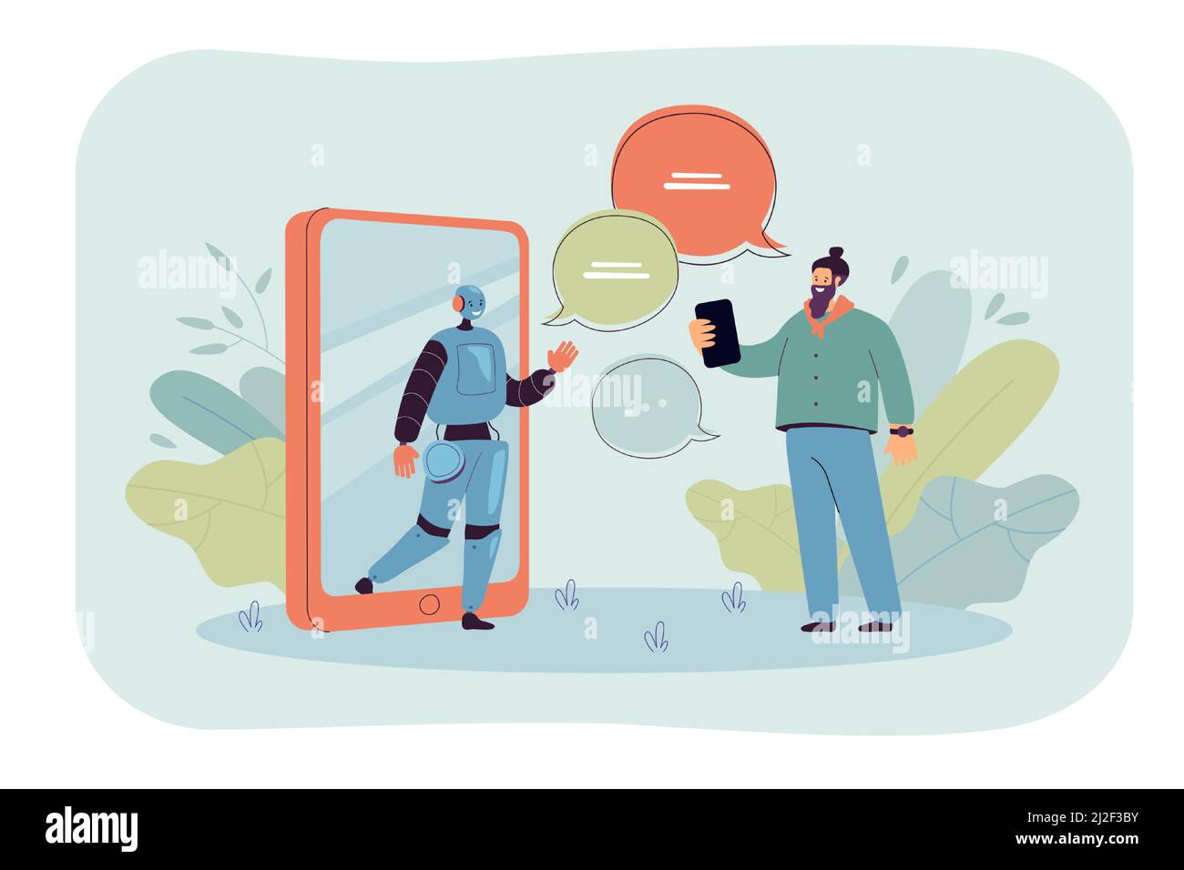Tiny man chatting online with AI assistant flat vector illustration ...