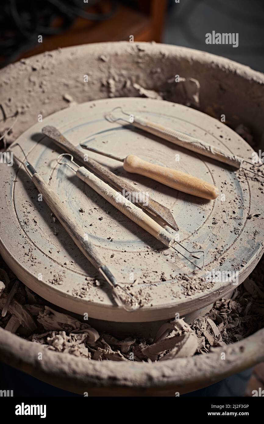 High Angle View Of Pottery Tools on wheel Stock Photo - Alamy