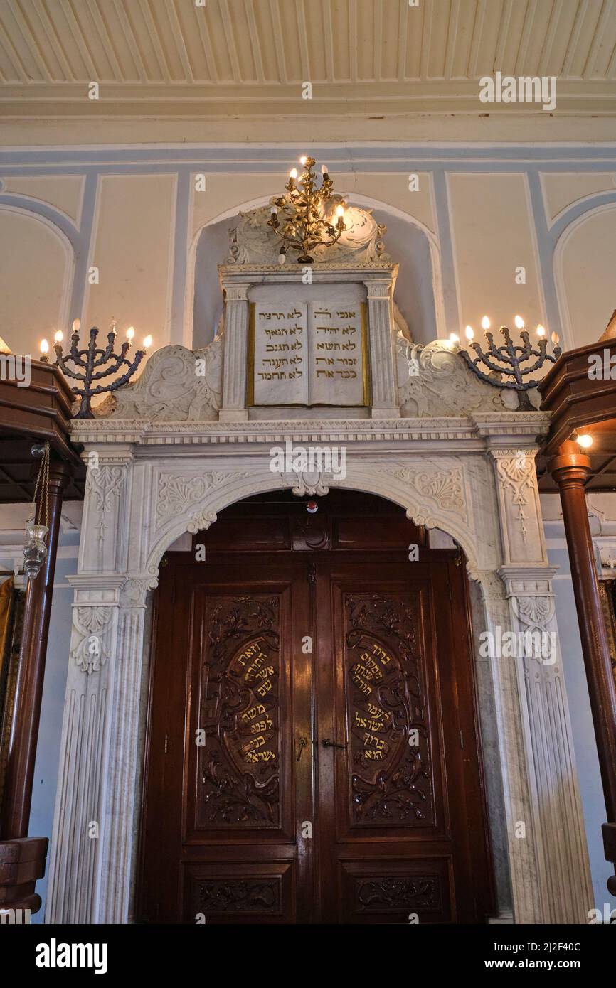 Detail of the bima and ark area, including ten commandments carving. At ...