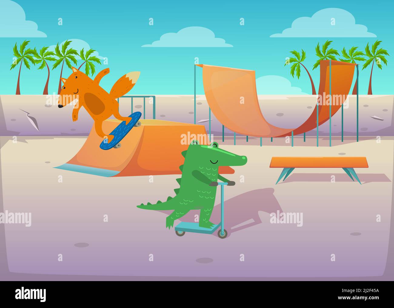Cute animals on transport at skate park illustration. Happy crocodile ...
