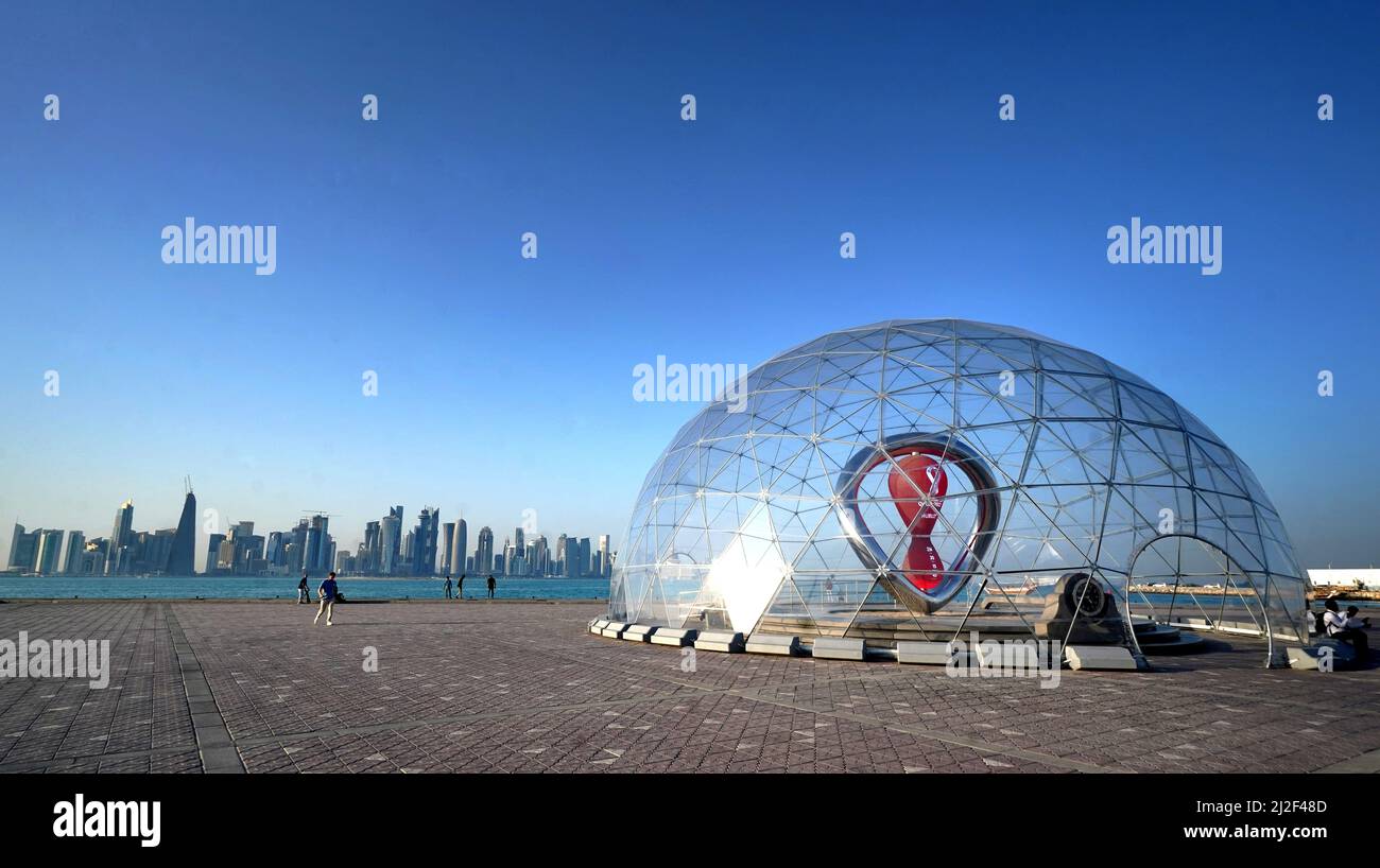 A general view of the Hublot World Cup countdown clock overlooking Doha ...