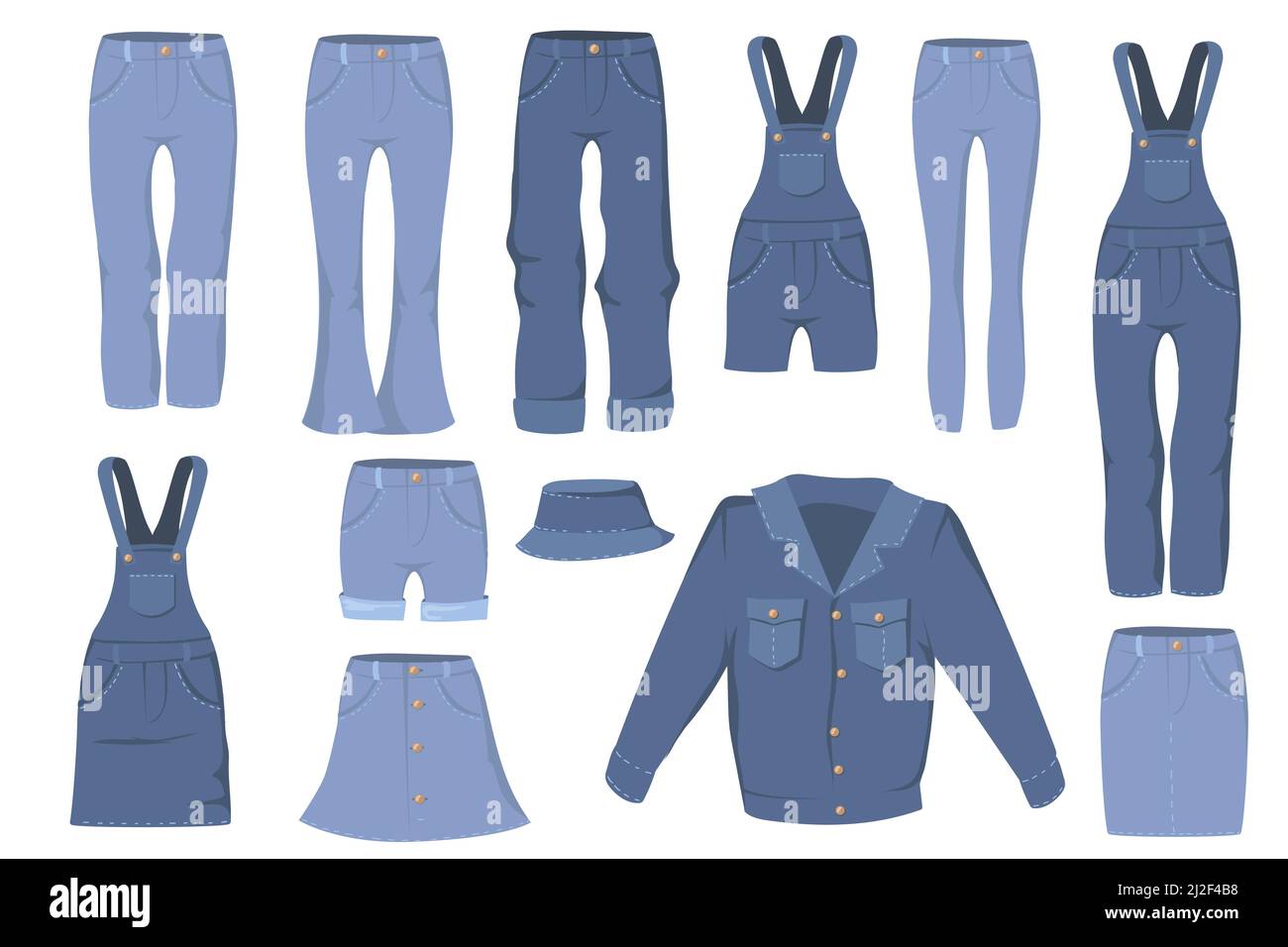 Trendy denim clothes flat set for web design. Cartoon garment models ...