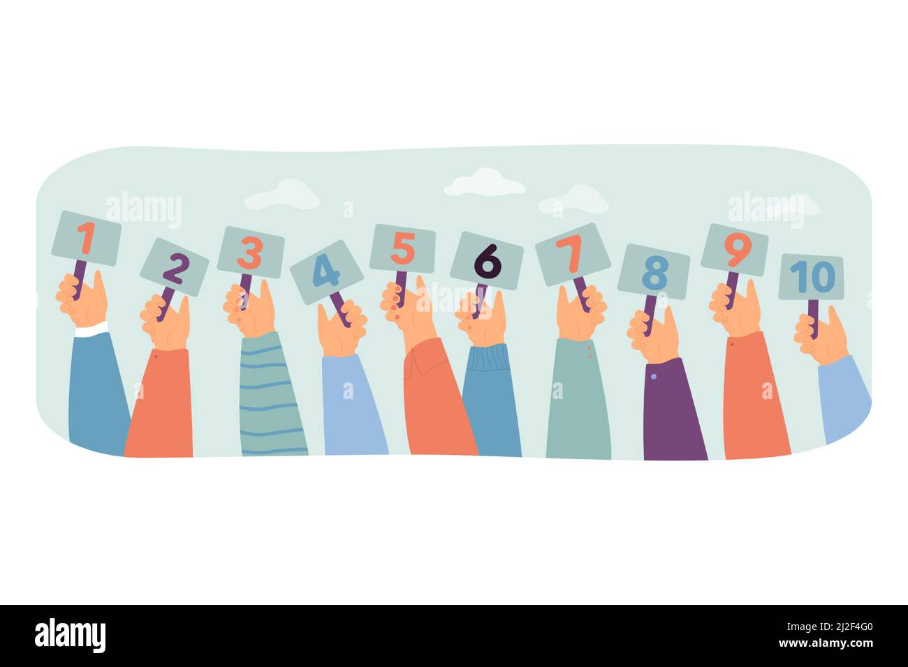 Competition judges vector illustration. Line of hands holding and ...