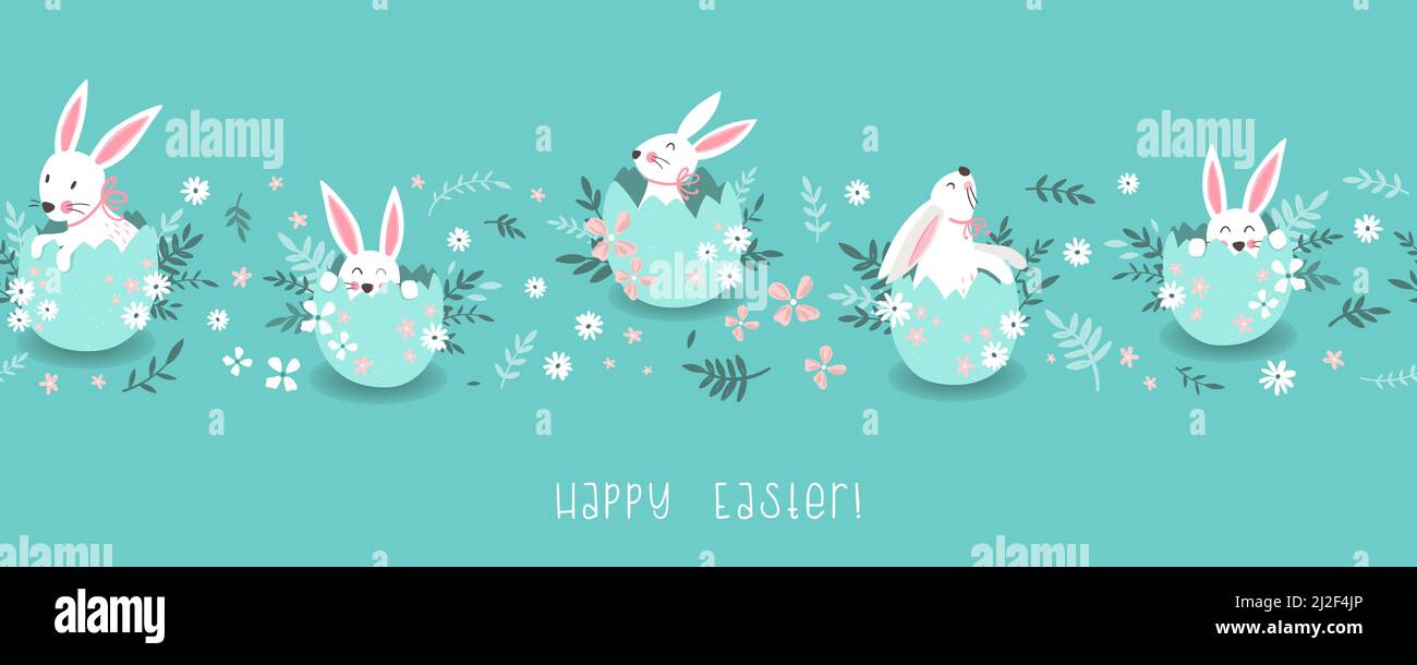 Lovely hand drawn Easter seamless border with cute bunnies sitting in ...