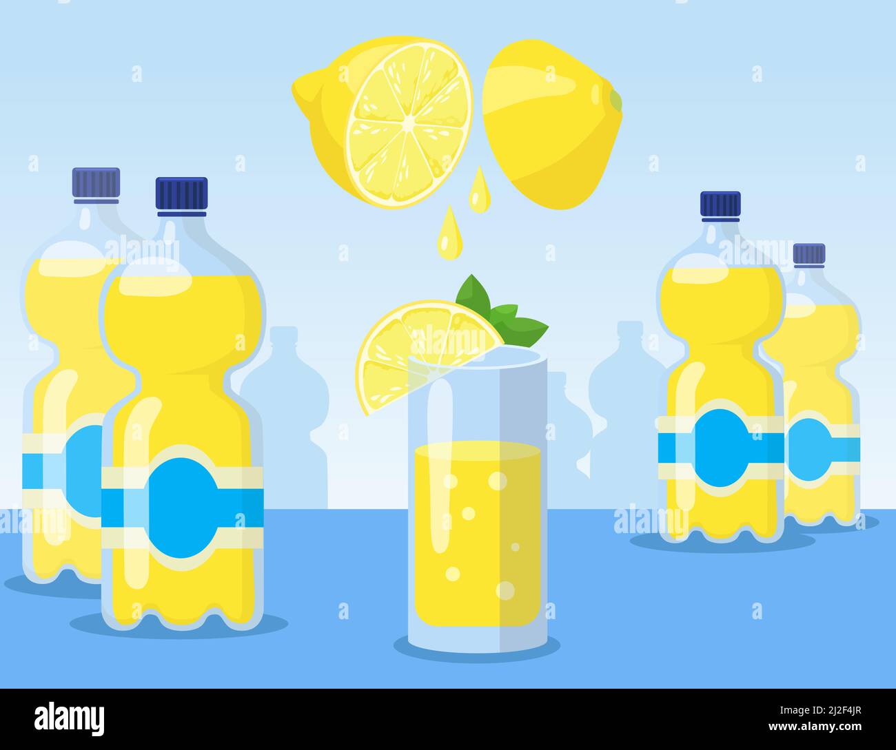 Cartoon lemonade in glass and bottles flat vector illustration. Process ...