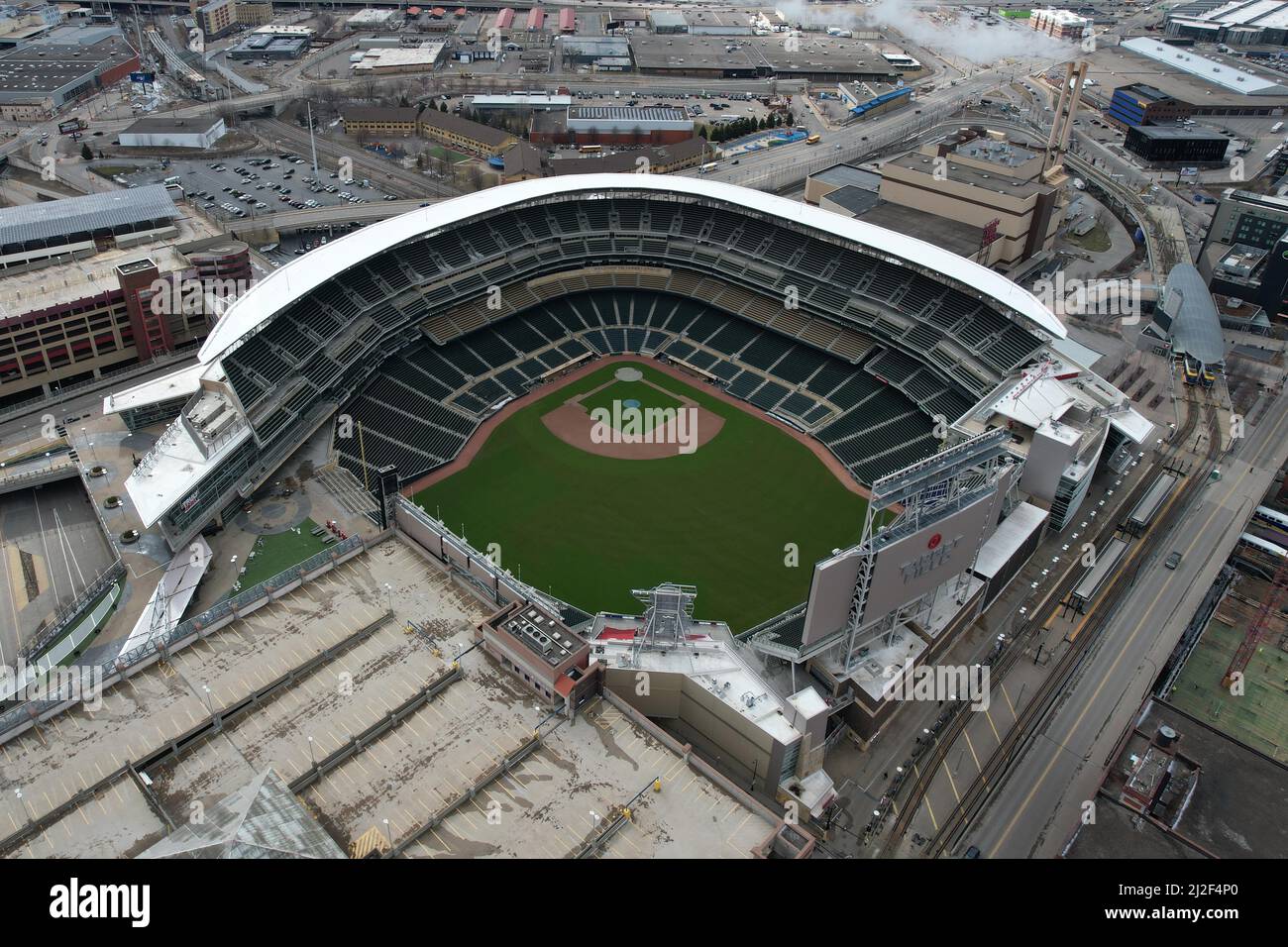 An aerial view of Target Field, Thursday, Mar. 31, 2022, in Minneapolis ...