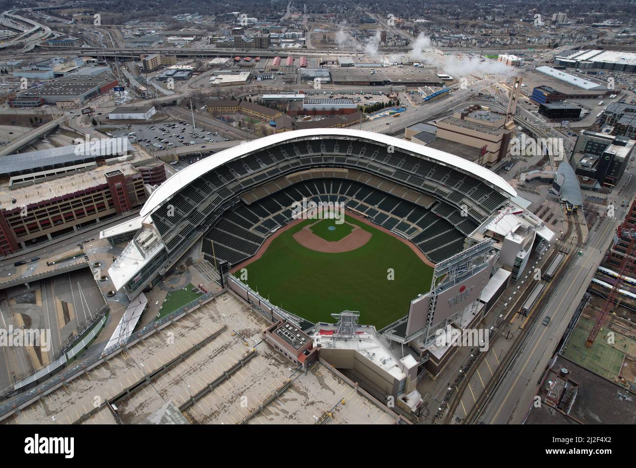 An aerial view of Target Field, Thursday, Mar. 31, 2022, in Minneapolis ...