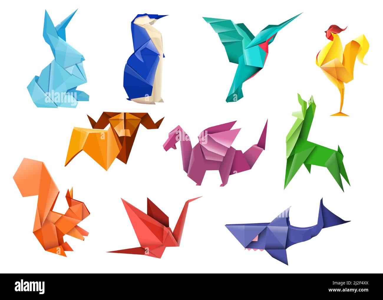 Creative Japanese origami flat item set. Cartoon colorful polygon hare ...
