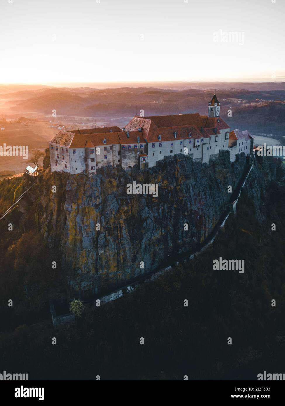 Aerial panorama view of historic old medieval castle Riegersburg on ...