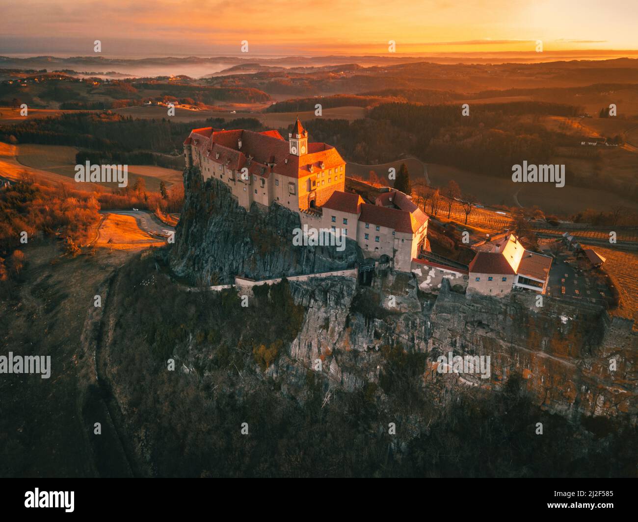 Aerial panorama view of historic old medieval castle Riegersburg on ...