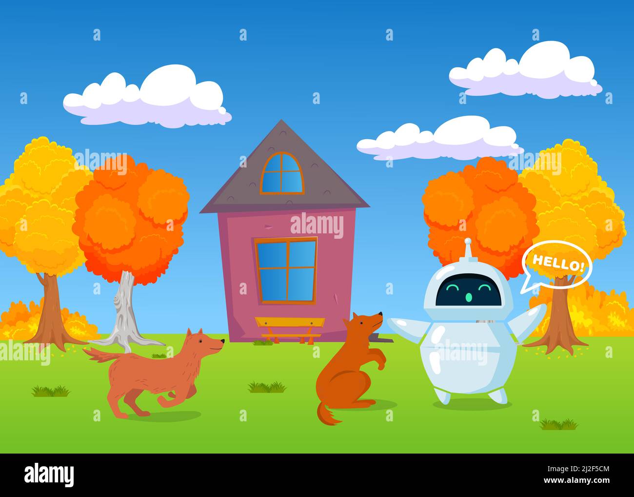 Dogs playing with friendly robot outdoors in autumn. Cartoon domestic ...